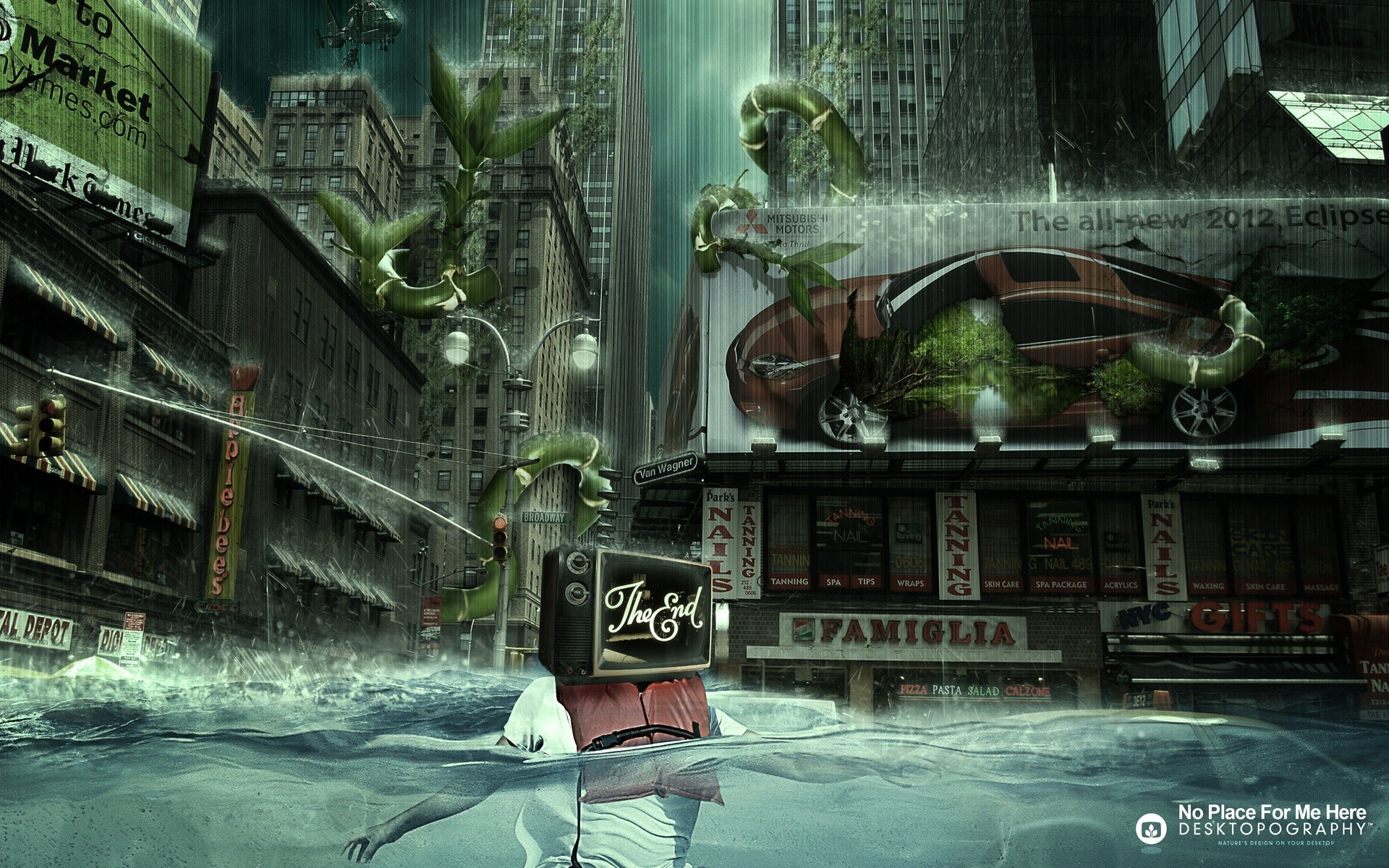 The city is drowning in rain and plants Desktop wallpapers 1366x768