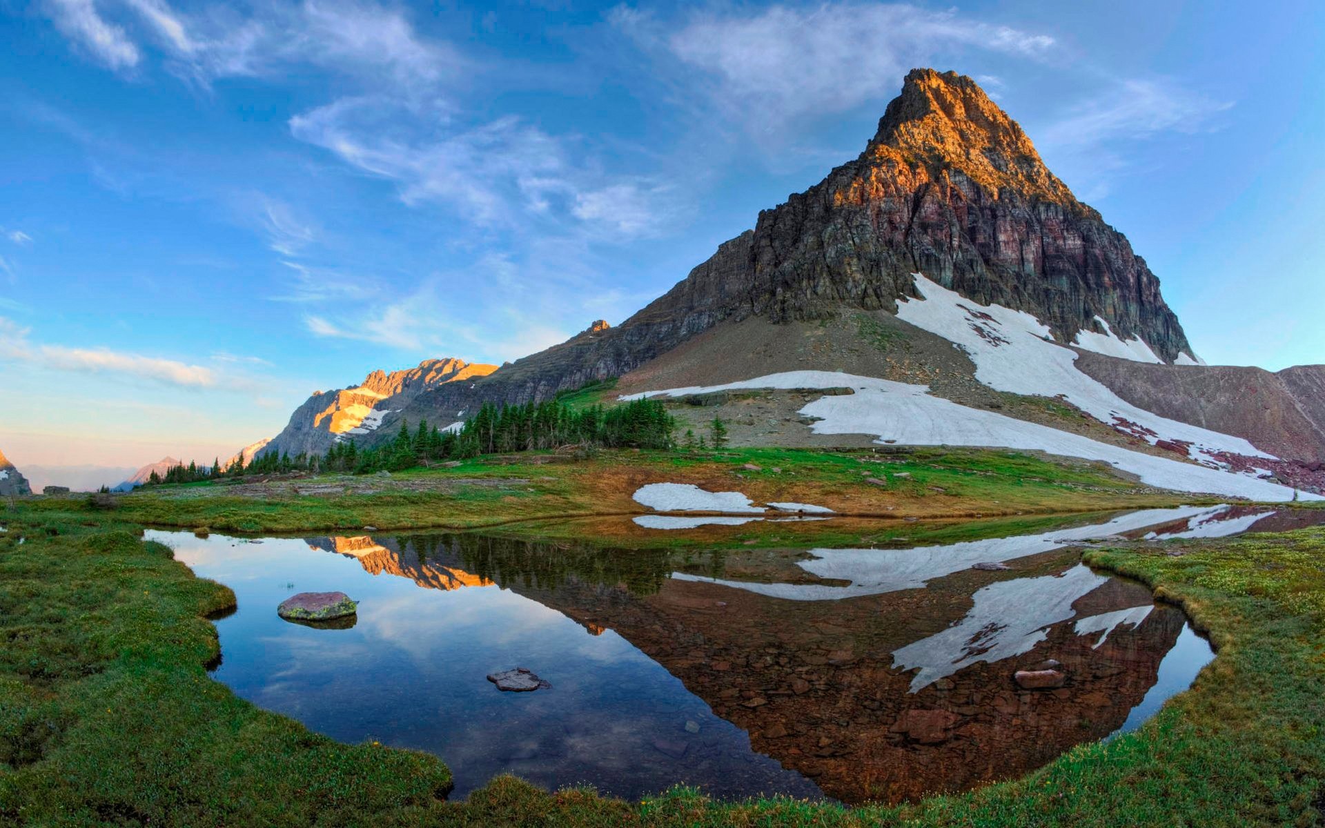 A small mountain is reflected in the calm river Desktop wallpapers 1280x800